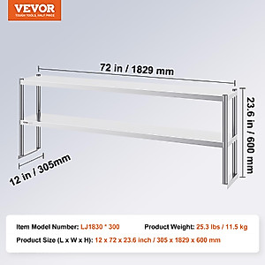 VEVOR Double Overshelf, Double Tier Stainless Steel Overshelf, 12 x 72 Inch Double Deck Overshelf, Height Adjustable Overshelf Prep Work Table for Kitchen, Restaurant and Workshop