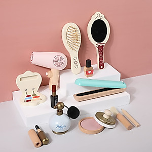 XAOHAO Pretend Play,Wooden Beauty Salon Toys for Girls, Make Up Set Toy Gift,15 Pieces Makeup Play Set with Makeup,Perfume,Lipstick,Mirror, Hair Dryer,Mascara, Cosmetics Case and Storage Bag