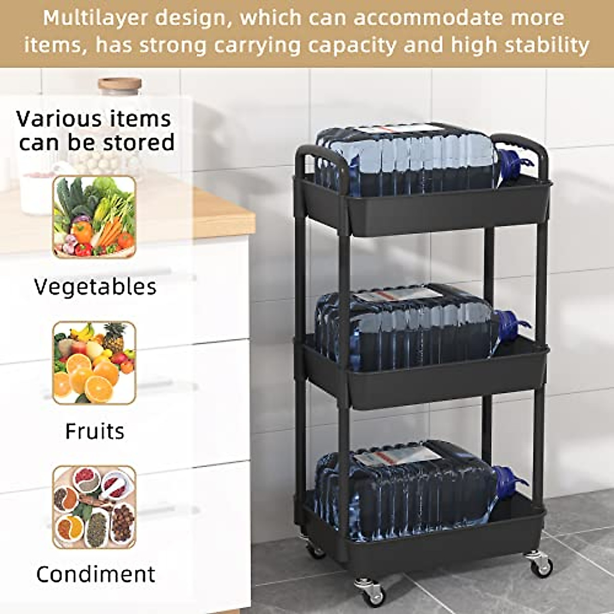 JIUYOTREE 3-Tier Rolling Storage Cart Utility Cart with Lockable Wheels for Living Room Bathroom Kitchen Office Black