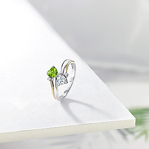 925 Silver and 10K Yellow Gold Green Peridot and Moissanite from Charles & Colvard 2 Heart Promise Couple Engagement Mother Ring (1.02 Cttw, Gemstone Birthstone, Available In Size 5, 6, 7, 8, 9)