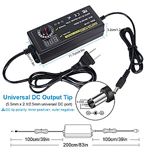 72W Power Supply Adjustable DC 3V ~ 24V Variable Universal Switching AC/DC Adapter 100V-240V AC to DC Converter with LED Voltage Display and 14 Tips, for 3V to 24V Household Electronics - 3000mA Max