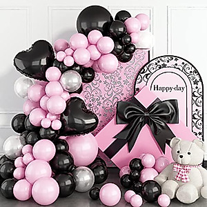 GREMAG Pink Black Balloon Arch Kit, 129Pcs Black Patel Pink Balloon Garland, 5 10 12 18 Inch with Black Heart Shaped Foil Balloon Clear Latex Balloon, for Girls Birthday Baby Shower Pink Party Decor