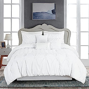 JML California King Comforter Set, 7 Piece Pinch Pleat Bed in a Bag Set with Shams and Decorative Pillows - Luxury Pintuck Microfiber Down Alternative Bedding Comforter Sets,White