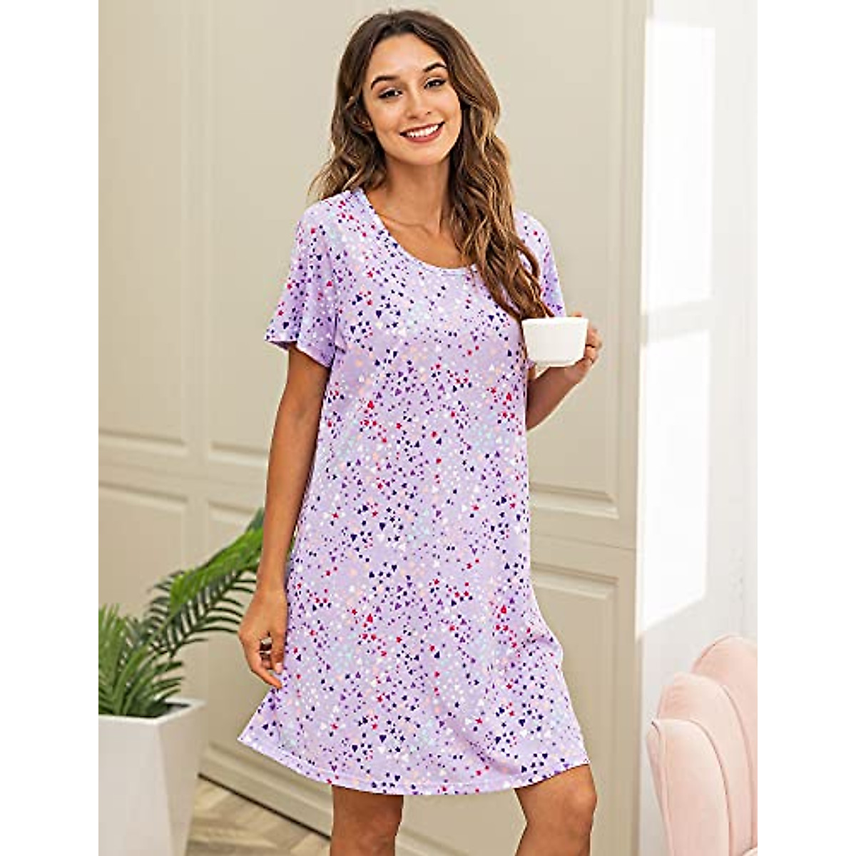 ENJOYNIGHT Sleepwear Women's Nightgown Printed Sleep Shirt Short Sleeve Sleep Tee Cotton Nightshirt (Purple,1X-2X)