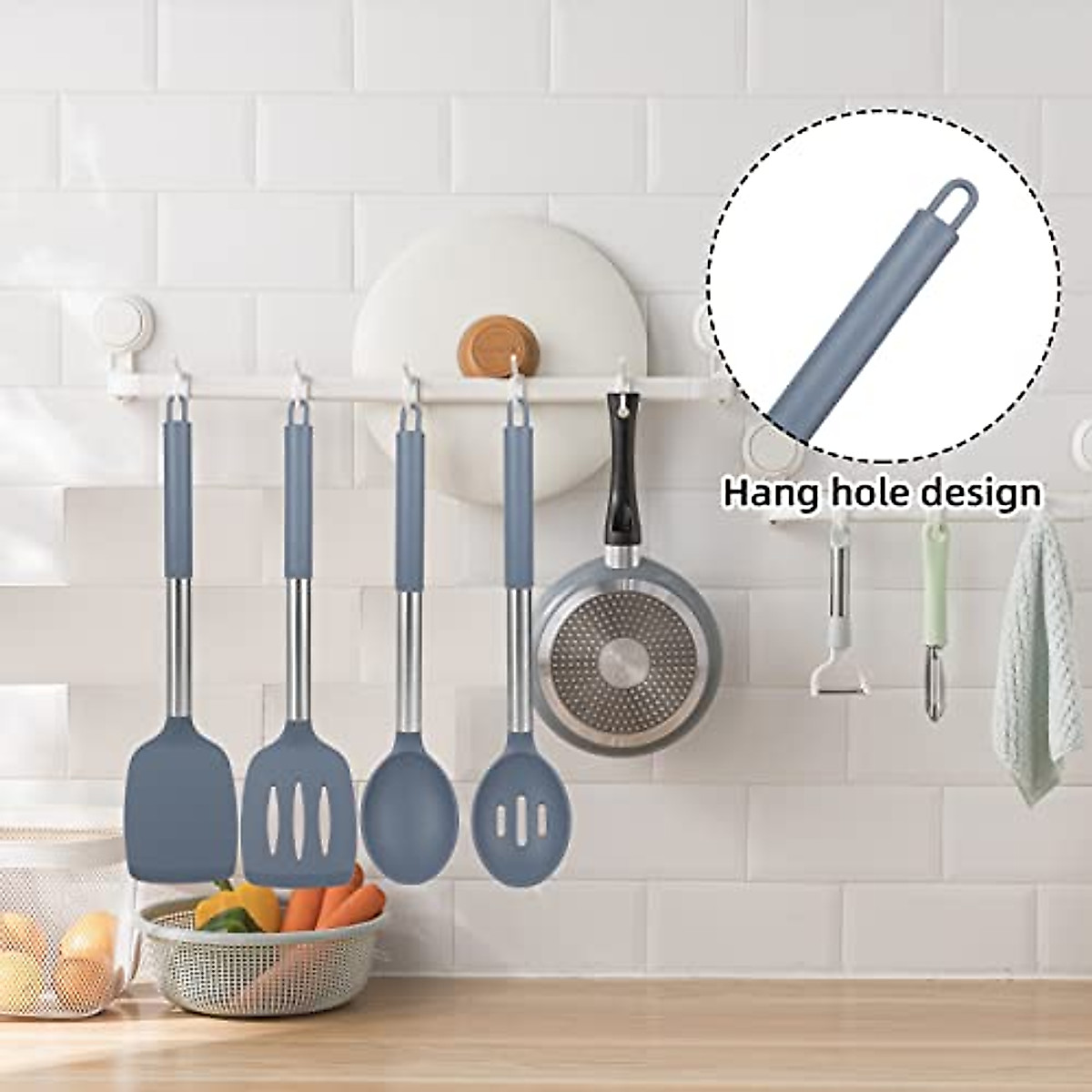 Cooptop Pack of 2 Silicone Spatula Set - Non Stick Silicone Slotted Turner and Solid Turner - 600°F Heat Resistant Cooking Utensils (Grey Blue)