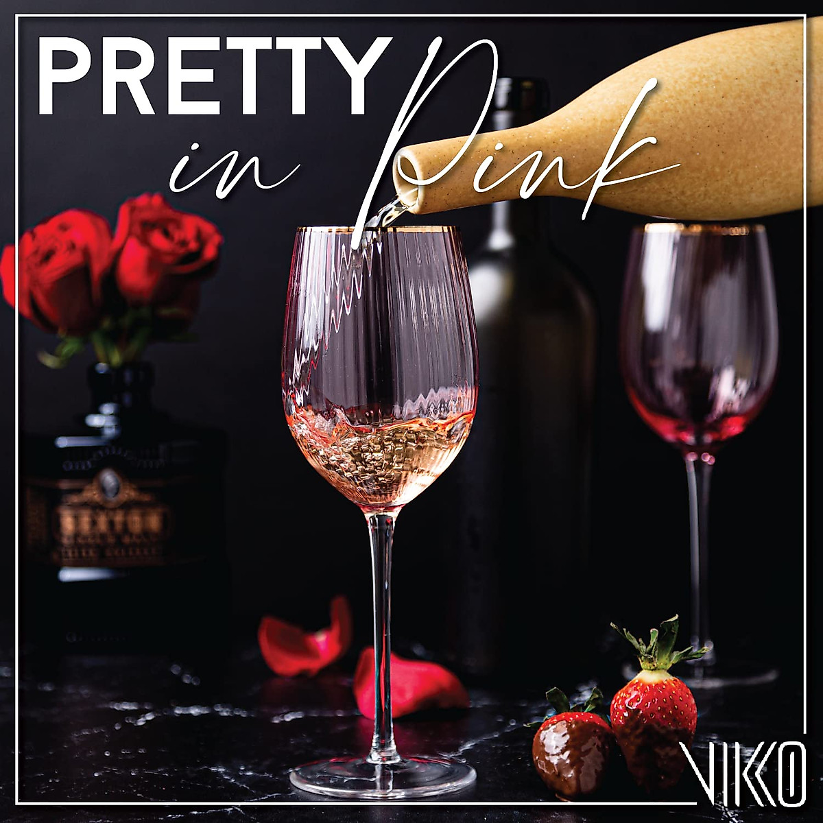 Vikko Décor Wine Glasses, Set of 2 Peach Blown Glass with Gold Rim, 11 Ounce Fancy Wine Glasses With Stem for Red and White Wine, Dishwasher Safe Goblets, Decorative Wine Glasses