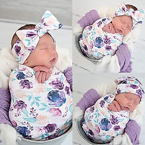 Newborn Receiving Blanket Girl, Stretchy Baby Swaddle Blankets Headband Hat Set, New Born Hospital Outfit Infant Shower Gift, 0-3 Months, Purple Floral