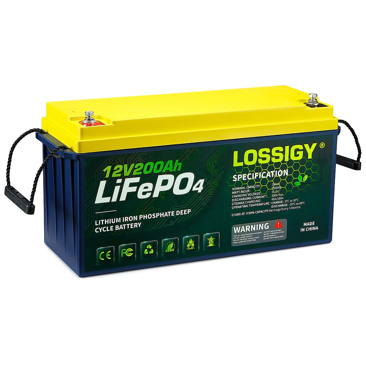 LOSSIGY 12V 200AH LiFePO4 Lithium RV Battery, Perfect for Solar System, Marine, 2560Wh 5000+ Deep Cycles, Built in BMS with 10 Yrs Lifespan