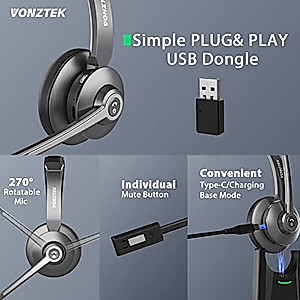 Wireless Headset,Wireless Headphones with Microphone Noise Canceling, v5.3 Bluetooth Headset with Charging Dock & Dongle, Wireless Headset with Microphone for PC,Home/Office-Black/Grey