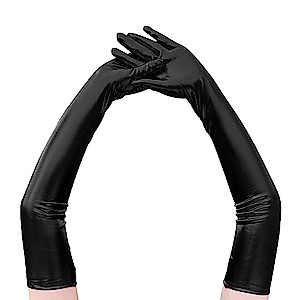 Women Sexy Wet Look Long Gloves for Costume Cosplay, Long Patent Leather Gloves Elbow Length Long Gloves for Wedding Evening (Black)