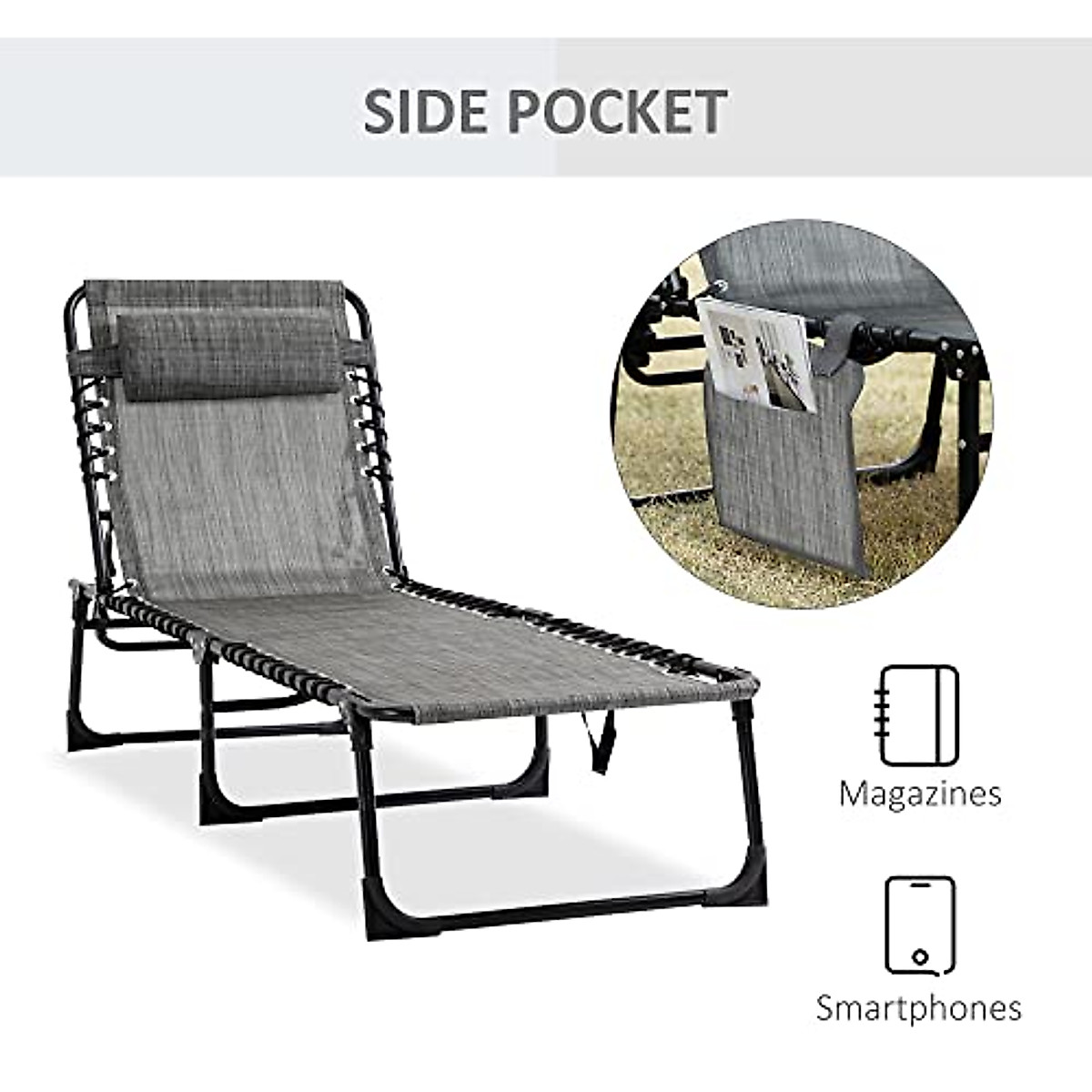 Outsunny Reclining Chaise Lounge Chair, Portable Sun Lounger, Folding Camping Cot, with Adjustable Backrest and Removable Pillow, for Patio, Garden, Beach, Grey