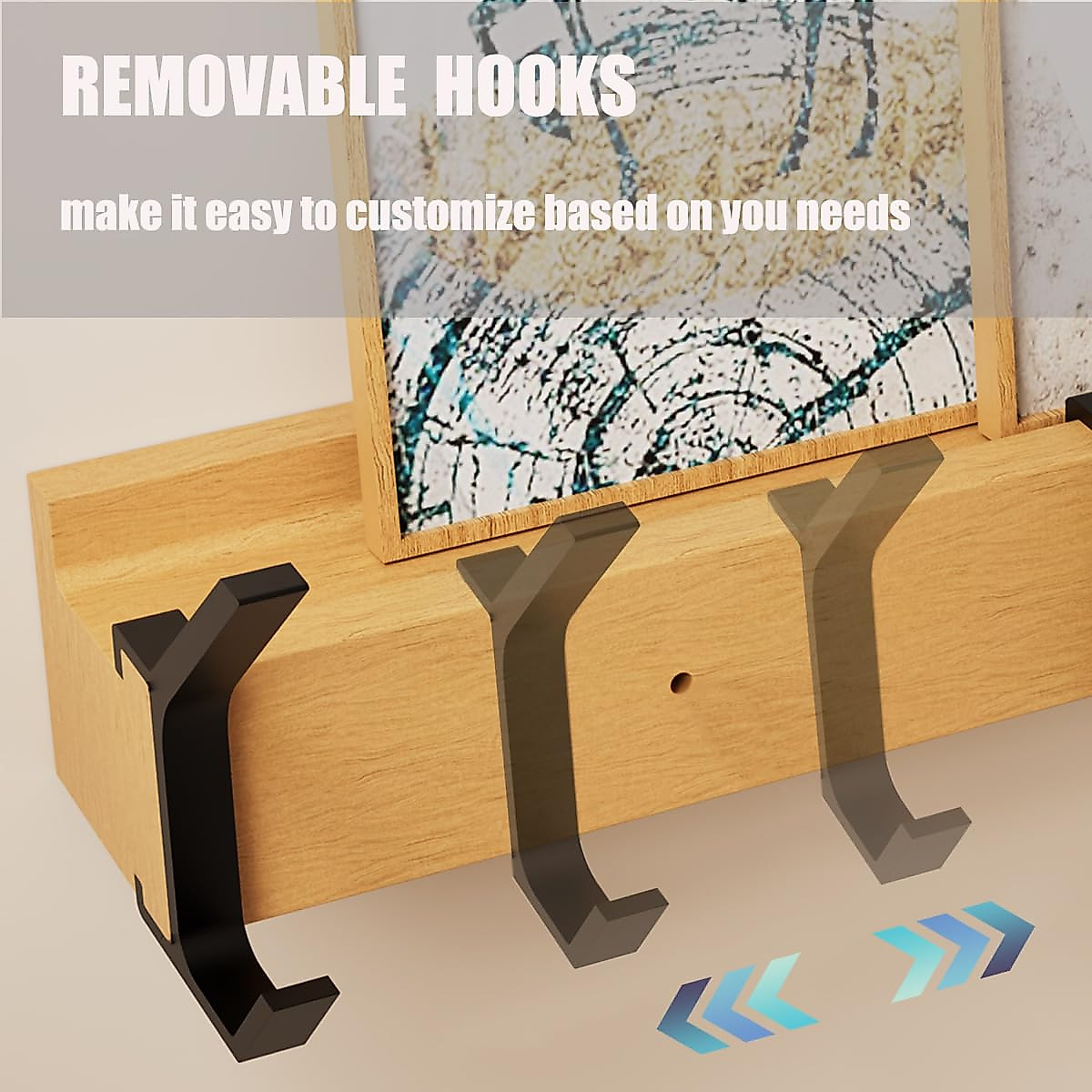 MOKIUER Coat Rack Wall Mount |17" Coat Rack with 5 Removable Double Hooks | Coat Hooks for Hat Key Backpack Towel,Wooden Wall Hook