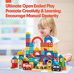 hahaland Wooden Blocks - Building Blocks Set with Number Alphabet Letter Car - City Construction Stacking Toddler Toys Montessori Toys for 3 Year Old Girls Boys Kids Building Toys for Ages 3-4-5-6