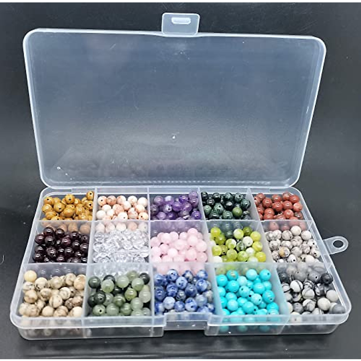 750pcs 6mm Natural Round Stone Beads Healing Engry Crystals Gemstone Beading Loose Gemstone Hole Size 1mm DIY Smooth Beads for Bracelet Necklace Earrings Jewelry Making,Box Packed(15 Material -3,6mm)