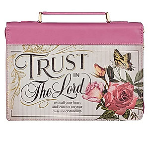 Christian Art Gifts Rose Pink Floral Fashion Bible Cover for Women: Trust in The Lord - Prov. 3:5 Inspirational Scripture Verse, Vintage Vegan Leather Book Carry Case Bag w/Stationery Storage, Large