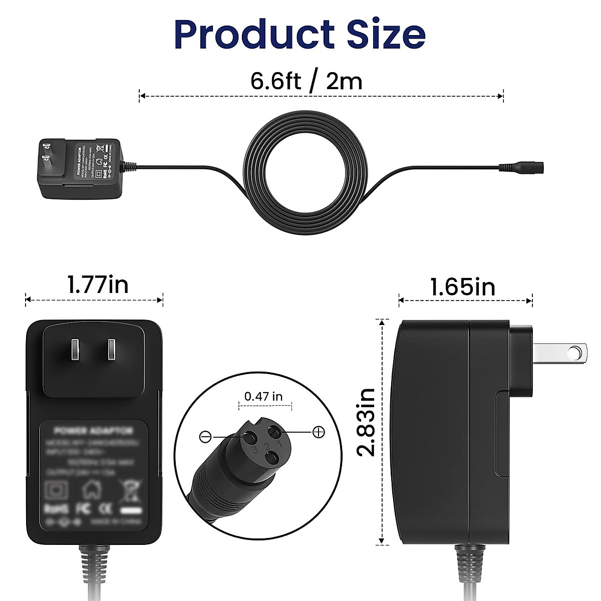 CGGXJP Electric Scooter Charger for Razor E300, E200, E100, PR200, MX350, Dirt Quad, Pocket Mod, Sports Mod, Go Kart Connector - 3-Prong Inline Female Battery Power Cord 24V 1500mA Adapter Cable