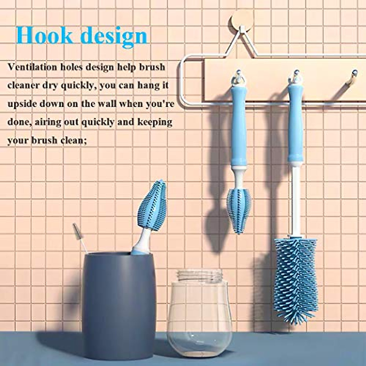 Silicone Soft Touch Bottle Brush, Baby Bottle Cleaning Brush, Long Handle Kitchen Cleaner Silicone Brush for Washing Glass, Baby Bottles, Mugs, Narrow Neck Water Sport Bottles, Set of 3(Blue)