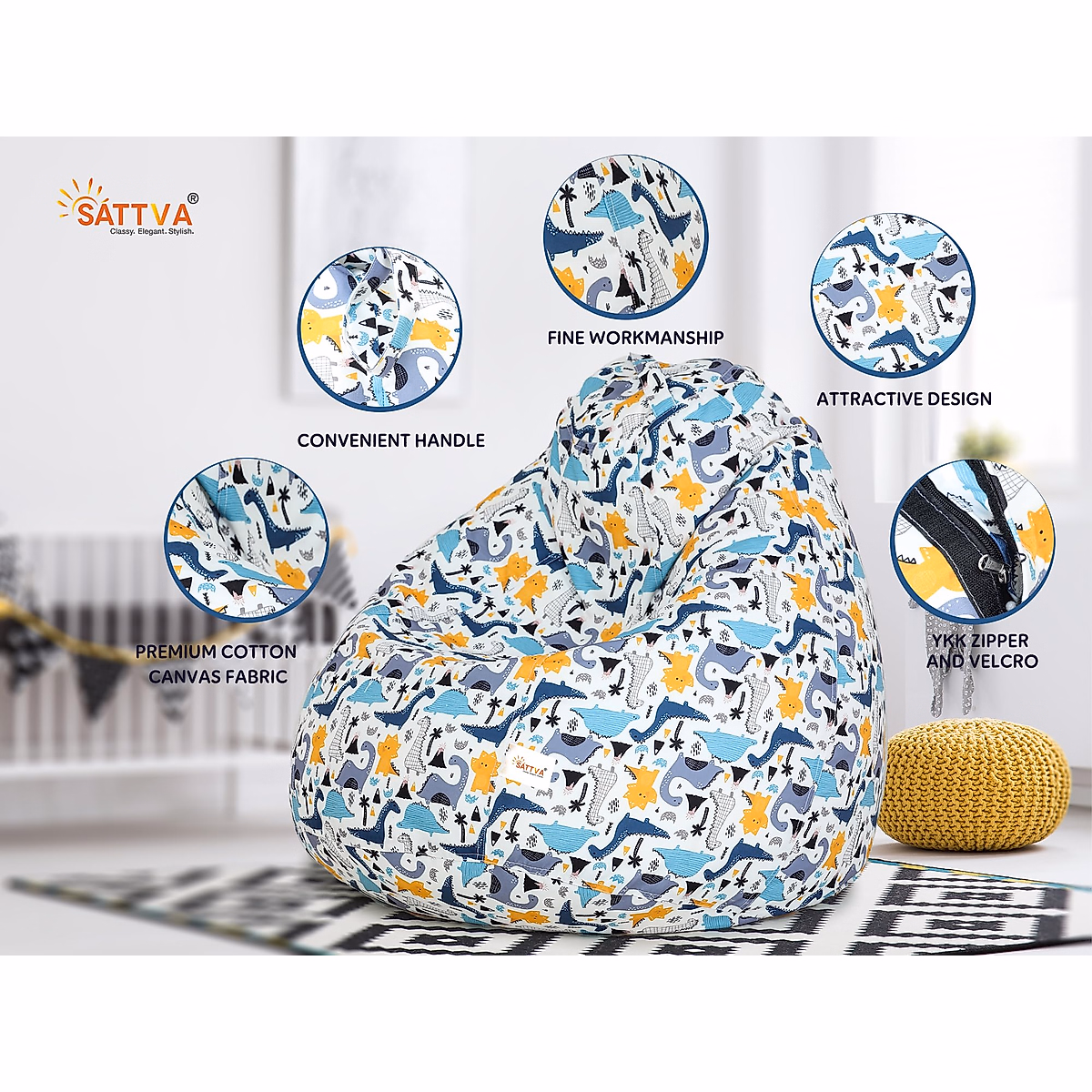 SATTVA Stuffed Animal Storage Bean Bag Chair for Kids, Zipper Storage Bean Bag for Organizing Stuffed Animals, Dinosaur Bean Bag Chair Cover, (No Beans)_White Dino Print