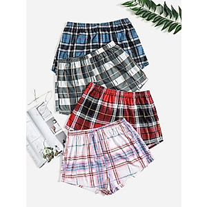 Verdusa Women's 4pack Elastic Waist Plaid Pajama Bottom Loungewear Sleep Short Blue Green Red Pink M