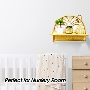 T'Furni Rattan Wall Shelf for Living Room Kitchen Wall Decor - Natural Rattan Floating Shelves - Semicircular Shelf Wall Decor - Natural Hanging Book - Wall Shelf with Storage