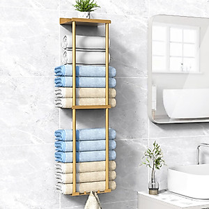 Liuoud Towel Rack for Bathroom, Wall Mounted Bath Towel Holder Storage Organizer for Rolled Towels, Vertical Towel Rack with Shelf Can Holds Up 6 Large Bath Towel, Gold