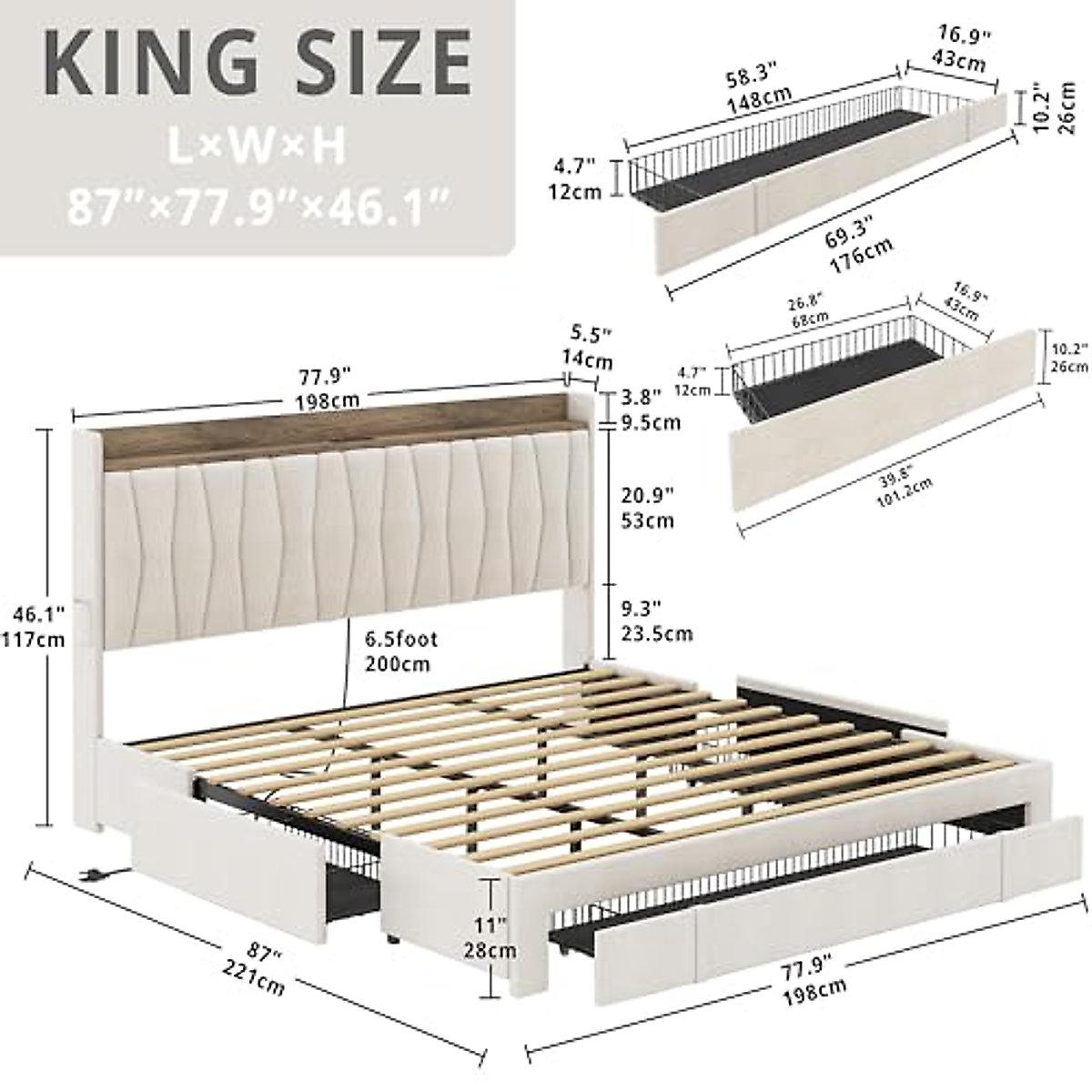 ANCTOR King Size Bed Frame with Storage Headboard and Charging Station, Upholstered Platform Bed with 3 Drawers, No Box Spring Needed, Easy Assembly, Beige