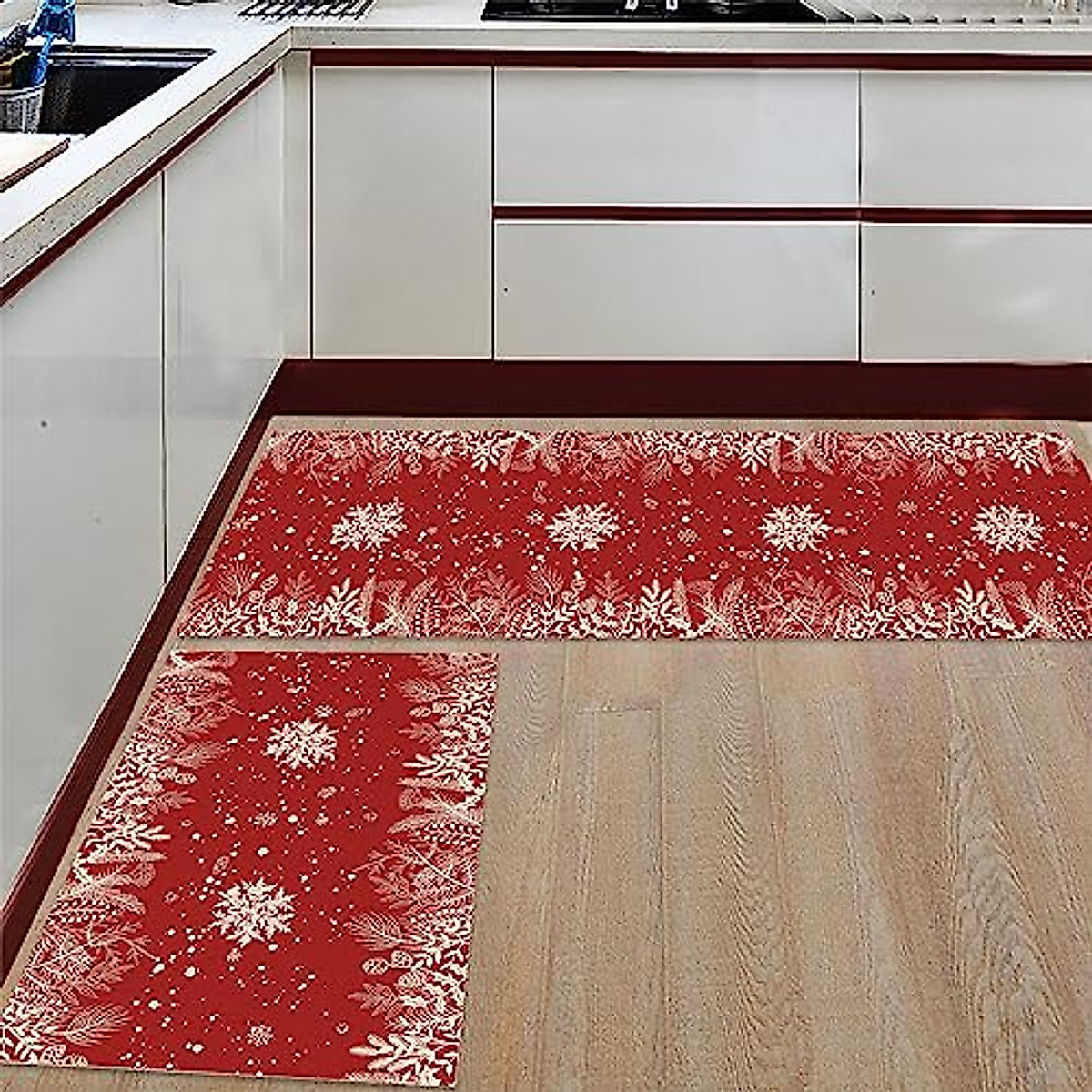 Christmas 2Pcs Kitchen Rugs, Anti Fatigue Kitchen Mat Non Slip Rug Runner Comfort Standing Floor Mats Kitchen Carpet Set for Sink, Laundry - Christmas Snowflakes with Plants Red Texture