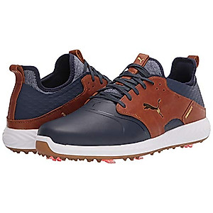 PUMA mens Ignite Pwradapt Caged Crafted Golf Shoe, Peacoat-leather Brown-puma Team Gold, 9.5 US