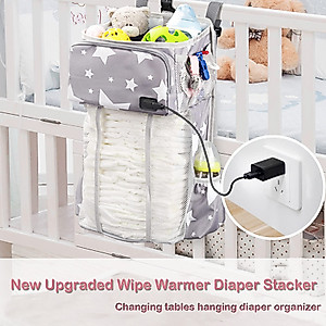 Inlisy Hanging Diaper Caddy - New Upgraded Wipe Warmer Diaper Stacker, Hanging Diaper Caddy Organizer for Changing Tables, Cribs, Walls and Doors -Gifts for Mom Newborn(Grey Stars)