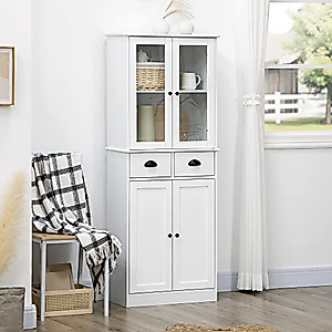 HOMCOM 61" Freestanding Kitchen Pantry, Traditional Style Storage Cabinet with Soft Close Doors, Adjustable Shelves, and 2 Drawers, for Living Room, Dining Room, White