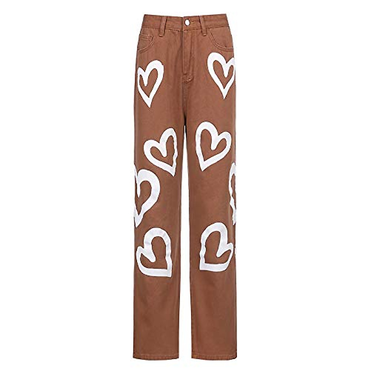 N/ D Women's Patchwork Pants Hight Waist Distressed Straight Wide Leg Denim Jeans Fashion Pencil Trousers (Brown Heart, S)