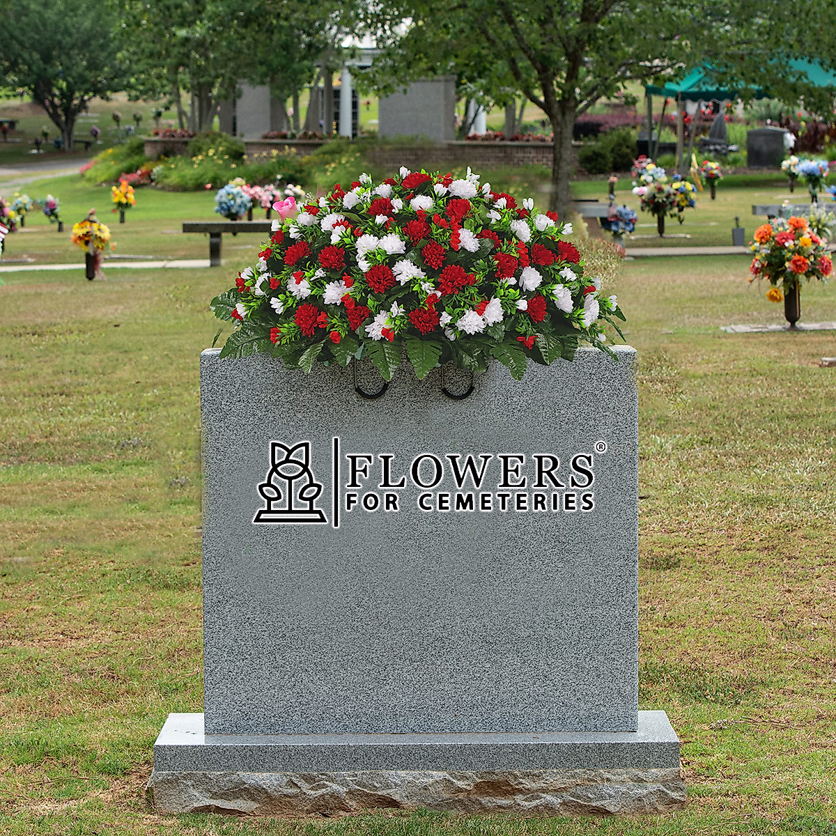 Sympathy Silks Artificial Cemetery Flowers - Grave Decorations Winter Memorial - Christmas Red and White Mums Saddle for Headstone
