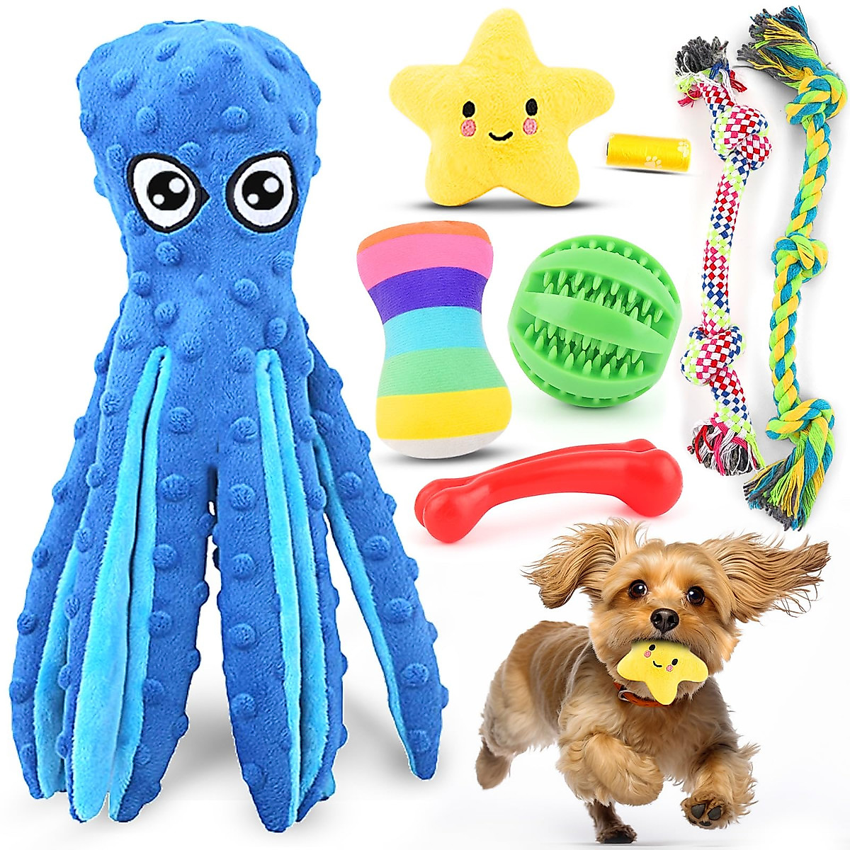 Puppy Toys 8 Pack for Small Dogs, Luxury Christmas Dog Chew Toys with Squeaky Plush Toys, Rope Toys and Ball, Teething Toys for Puppy Supplies (Blue)