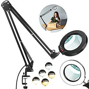 5X Large Magnifying Glass with Light and Stand, KRSTLV 2 x 16 Inch Swivel Arm LED Desk Lamp with Clamp, 5 Color Modes Stepless Dimmable Lighted Magnifier Hands Free for Close Work, Craft, Hobby, Black