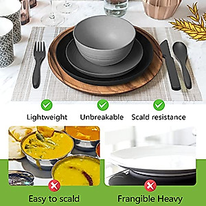 Teivio 16-Piece With Flatware Kitchen Plastic Wheat Straw Dinnerware Set, Service for 4, Dinner Plates, Dessert Plate, Cereal Bowls, Cups, Unbreakable Plastic Outdoor Camping Dishes, Stone