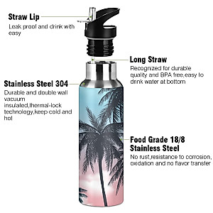 Yasala Water Bottle Palm Tree Pink Sky Coffee Thermos Stainless Steel Insulated Beverage Container 20 oz with Straw Lid BPA-Free for Sport, Travel, Camp