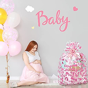 12 Pcs Extra Large Baby Shower Basket Bags with 10 Bows Ribbon 28 x 40 Inch Large Cellophane Bags Baskets Empty Bags Jumbo Cellophane Wrap for Gift, Presents, Baby Shower (Pink Elephant Patterns)