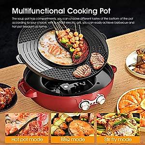ANKYNE Hot Pot with Grill, Electric Hot Pot with Dual Temperature Control, Hotpot Pot Electric Grill Shabu Shabu Pot Korean bbq Grill Smokeless for Simmer, Boil, Fry, Roast, Red