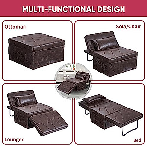 Litbird Sofa Bed, 4 in 1 Multi-Function Folding Ottoman, Couch Bed with Adjustable Backrest Convertible Chair for Living Room, Apartment, Office, Imitation Leather, Modern, Brown