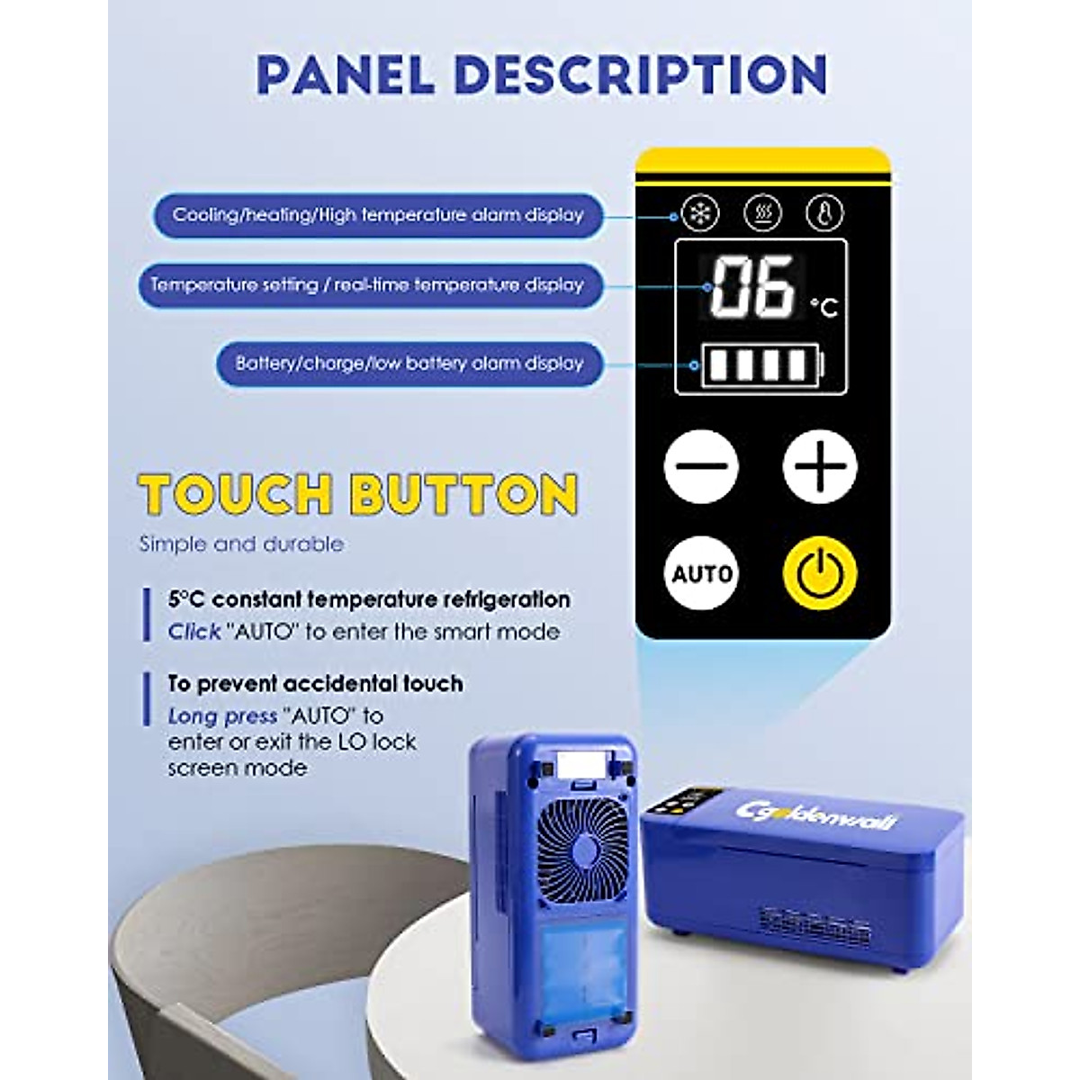 CGOLDENWALL Insulin Cooler Travel Case 7 * 2.9 * 1.2In Medicine Refrigerator with 2-8 ℃ Intelligent Constant Temperature, Alarm System & LED Display, for Car, Home, Travel