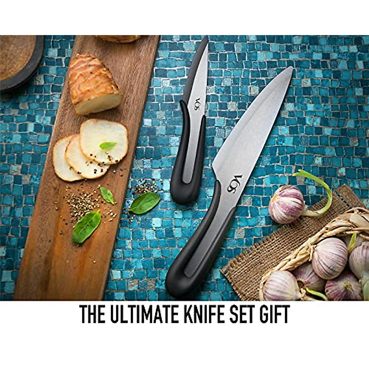 Vos Ceramic Knife Set with Covers 2 Pcs - 5" Santoku Knife, 3" Paring Knife and 2 Black Covers - Advanced Kitchen Knives for Cutting, Chopping, Slicing, Dicing with Ergonomic Unique Handles