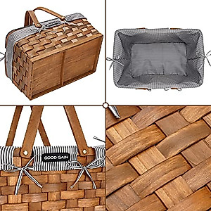 Woodchip Picnic Basket with Portable Wine Table, Woven Basket with 2 Swing Handles & Removable Lining, Empty Large Basket for Picnic, Outdoor, Camping, Family, Party, Wedding Gifts for Couple. Grey