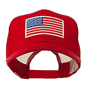 6 Panel Mesh American Flag White Patch Cap (One Size, Red)