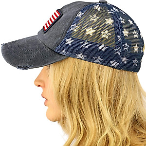 CC Everyday Distressed Trucker Mesh Summer Vented Baseball Sun Cap Hat (Patch American Flag)
