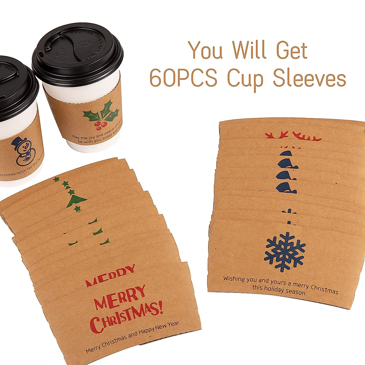 Whaline 60 Pack Christmas Coffee Cup Tea Cup Sleeves 6 Designs Kraft Paper Sleeves for 12 and 16oz Paper Cup Disposable Corrugated Cup Paper Jacket for Hot Chocolate Cocoa or Cold Beverage