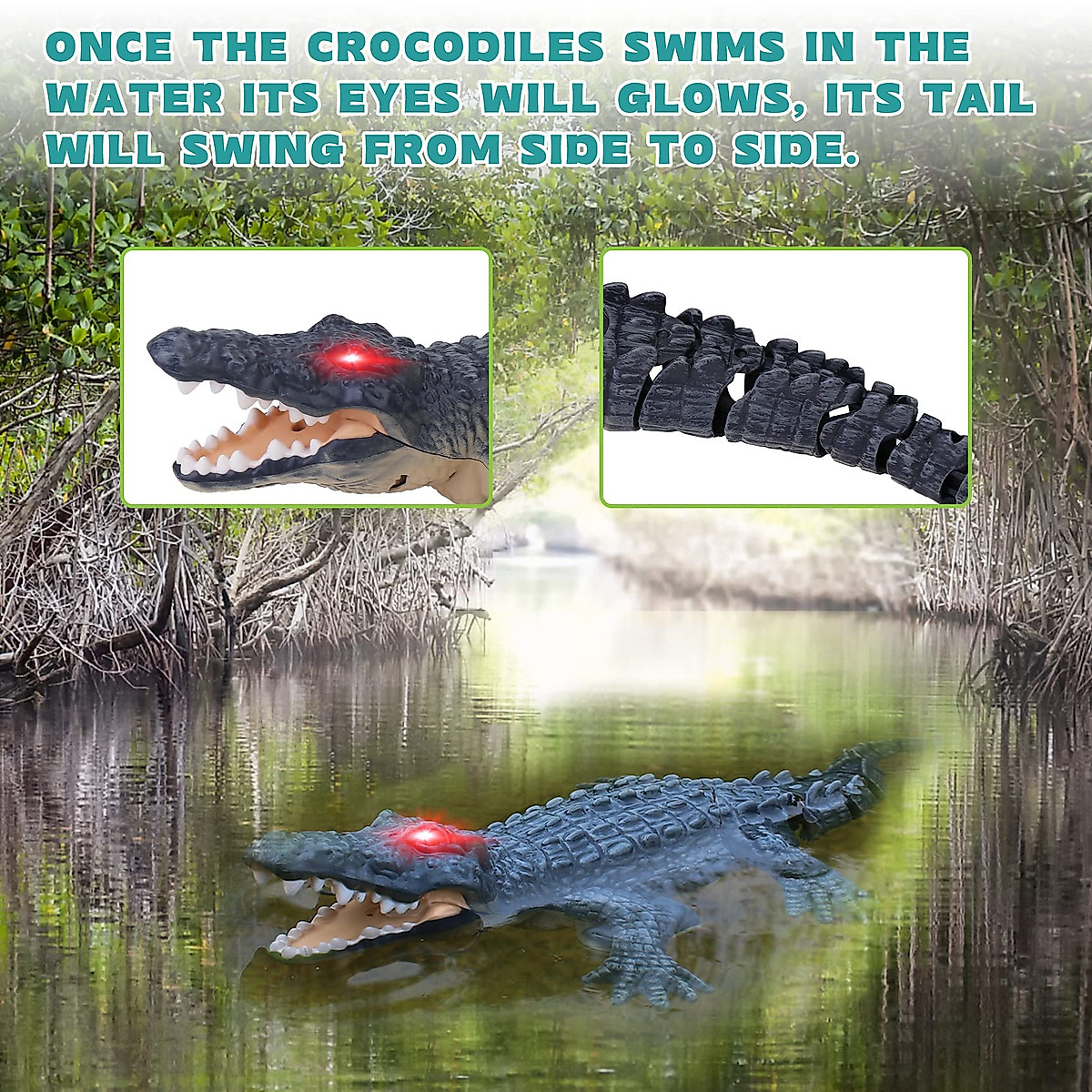 Outamateur RC Crocodile Boat,2.4GHz Alligator with Glowing Eyes,RC High Simulation Crocodile RC Boat Lake & Pool Toy,USB Rechargeable Waterproof Floating Alligator Toy for Kids Aged 6+