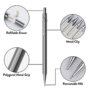 Four Candies 0.7mm Mechanical Pencil Set with Case - 4PCS Metal Mechanical Pencils, 6 Tubes HB #2 Lead Refills, 3PCS 4B Erasers and 9PCS Eraser Refills, Lead Mechanical Pencils for Writing & Drawing