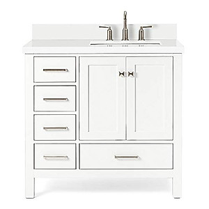 ARIEL 37" White Bathroom Vanity with 1.5" Edge Pure White Quartz Countertop & Backsplash, Right Rectangular Sink, 2 Soft Closing Doors, 5 Full Extension Dovetail Drawers, Brushed Nickel
