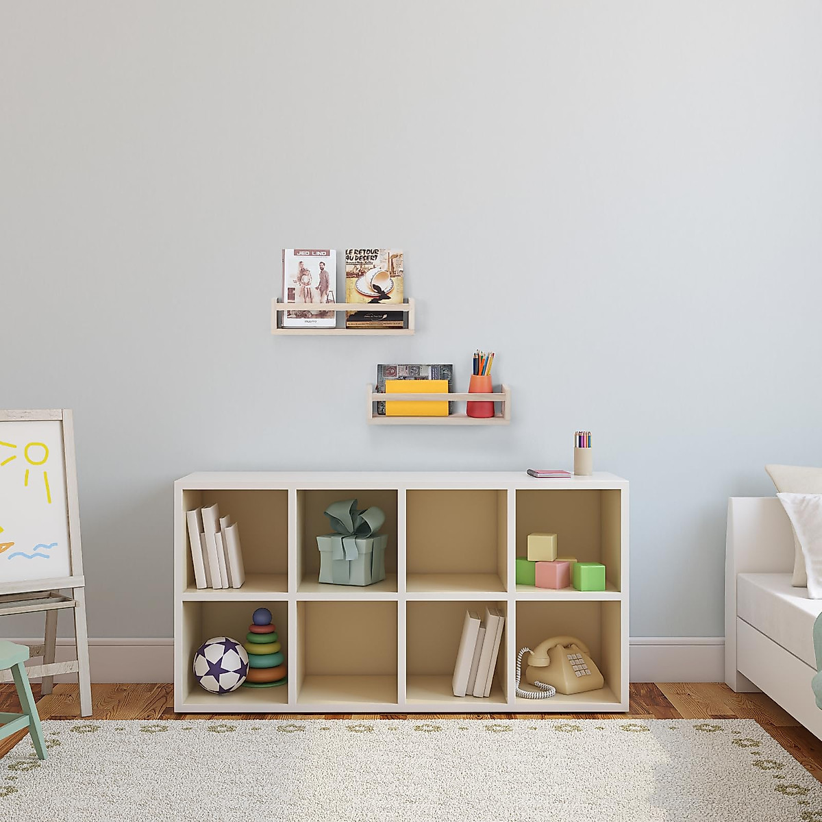 LIANTRAL Kids Bookshelf for Wall, Set of 4 Wall Bookshelf for Kids Room, Nursery Book Shelves for Bedroom Bathroom Kitchen Nursery Decor, Book Shelf Organizer, Natural Wood