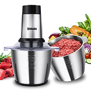 Qinkada Meat Grinder with 2 Stainless Steel Bowls, 500W Electric Food Processors, 3 Speed, 4 Bi-Level Bladesand Spatula for Baby Food, Meat, Onion, Vegetables, Fruits